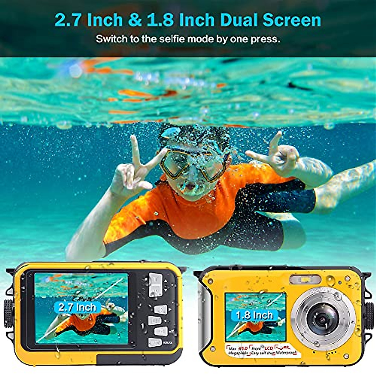 S & P Safe and Perfect Underwater Camera, Waterproof Camera Full HD 2.7K 48MP Waterproof Camera Digital with Dual Screen, 16X Digital Zoom and Self-Timer Yellow