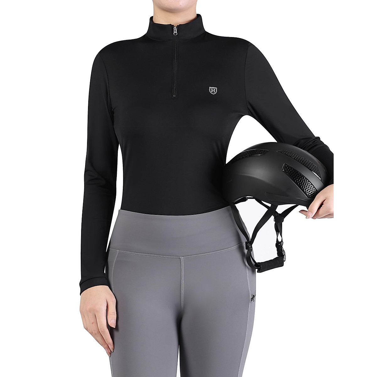 Harrison Howard Women's Equestrian Sweat Absorption Quick Drying Horse Riding Long Sleeve Shirt 1/4 Zip Base Layer Black Large