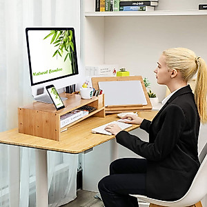 NXN-HOME 2-Tier Bamboo Monitor Stand | Wood Desk Organizers and Accessories | Laptop Computer Monitor Riser with Adjustable Storage Accessories