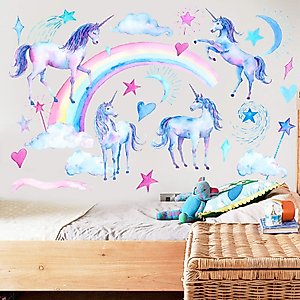Wajade Unicorn Wall Decals, 2 Sheets Unicorn Rainbow Peel and Stick Wall Stickers Removable Wall Decor for Girls Kids Bedroom Nursery Playroom Decor