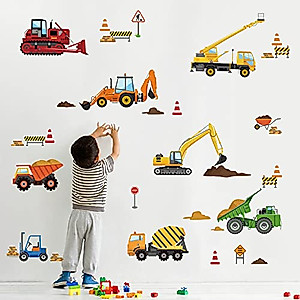 decalmile Construction Vehicles Wall Decals Tractor Excavator Crane Wall Stickers Kids Bedroom Boys Room Playroom Wall Decor