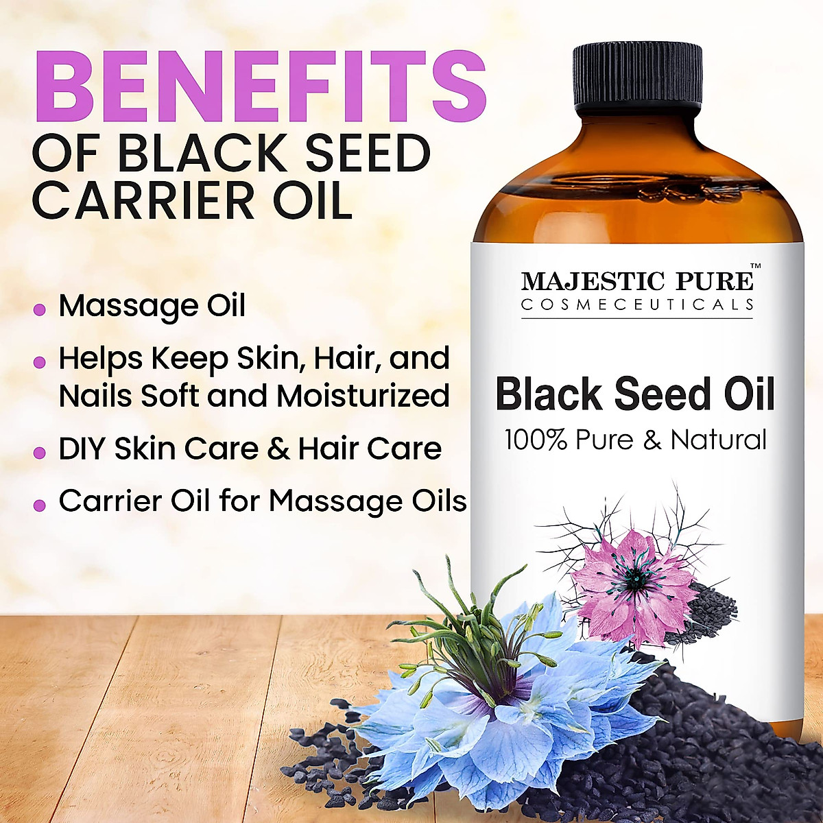 MAJESTIC PURE Black Seed Essential Oil | 100% Pure and Natural Black Seed Oil | Premium Grade Essential Oils for Hair Care, Home Diffusers, Skin, Aromatherapy, Massage and Humidifiers | 4 Fl Oz