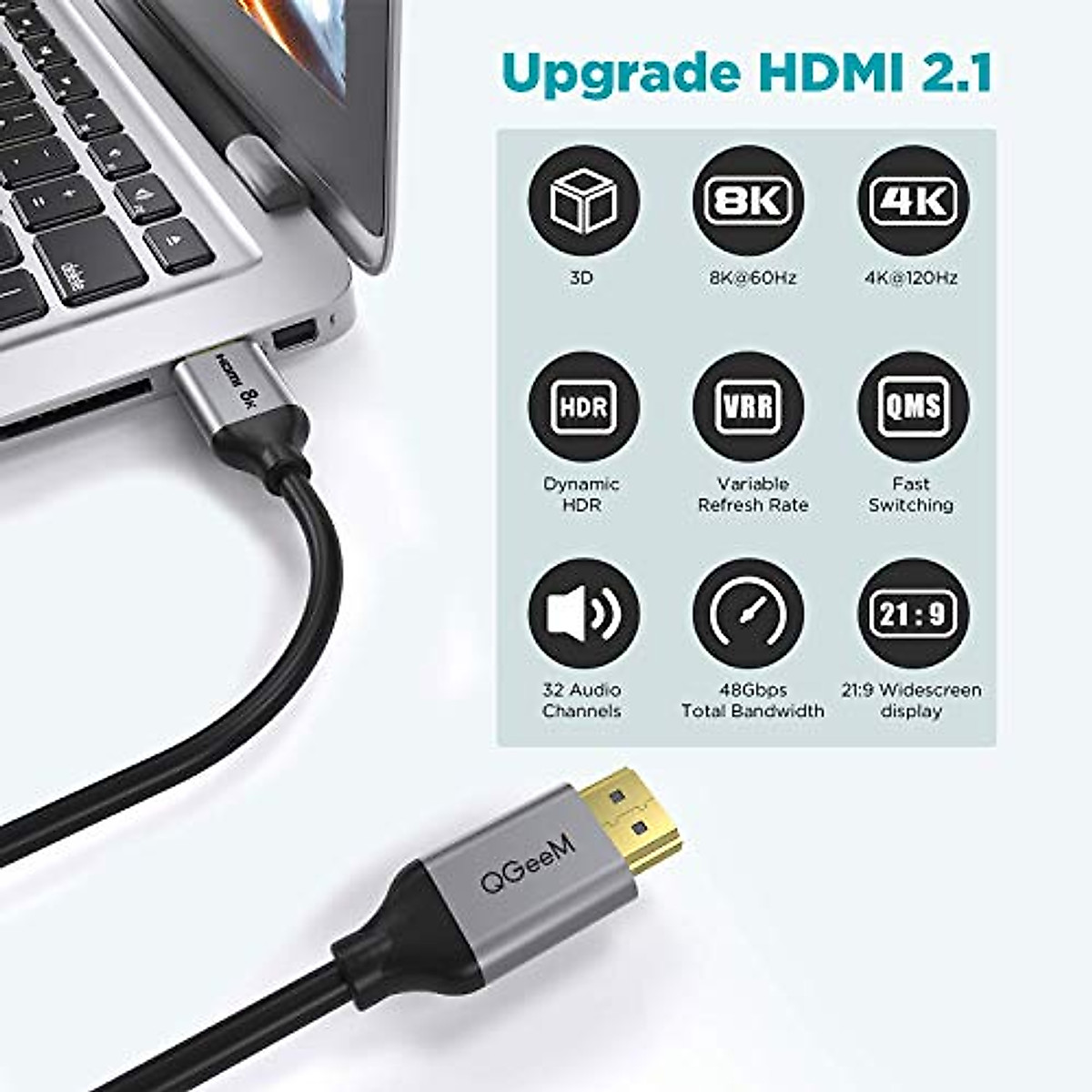 QGeeM 8K HDMI Cable 6FT 48Gbps Ultra High Speed HDMI Cord,Compatible with Apple TV,Roku,Samsung QLED,Sony LG,Nintendo Switch,Playstation,PS5,PS4,Xbox One Series X,Ultra HD HDMI 2.1 Cable