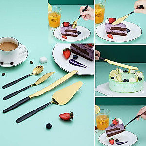 Black with Gold Silverware Serving Set 10 Pieces, Black Gold Flatware Serving Set, Serving Utensils, Include Slotted Spoon, Cake Server, Sugar Spoon, Soup Ladle, Wedding Cake Knife Ect