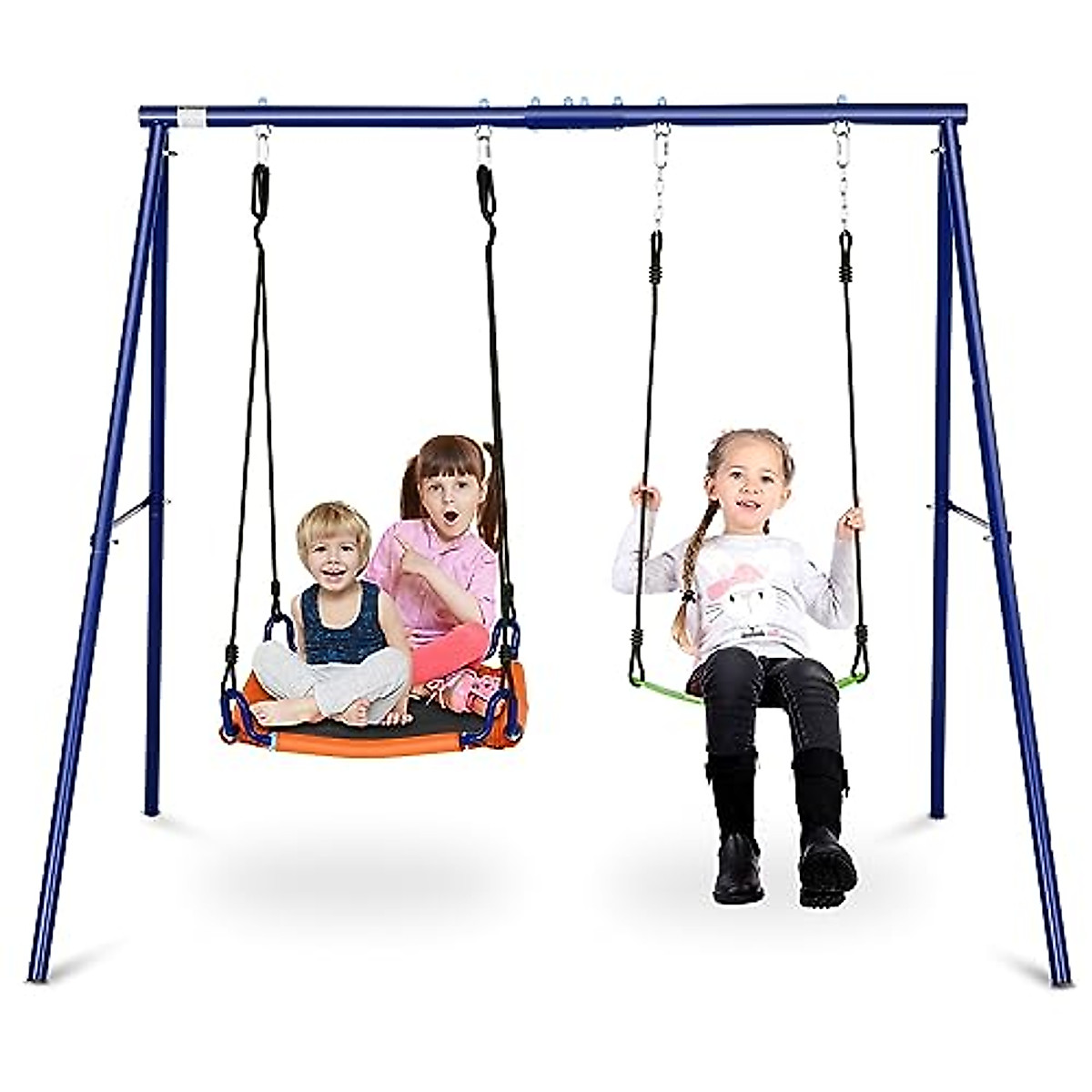 Swing Sets for Backyard - Outdoor Swing Set for Kids Adults with Heavy Duty Metal A-Frame Stand, Adjustable Platform Saucer Swing Seat and Belt Swing Seat Playground Playset Holds 440 lbs Blue