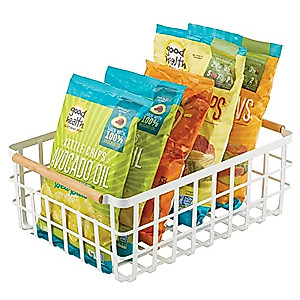 mDesign Metal Wire Storage Organizer Basket with Bamboo Wood Handles for Kitchen Pantry, Rustic Farmhouse Bin to Store Fruit, Coffee, Spices, Supplies, Yami Collection, 2 Pack, Matte White/Natural/Tan