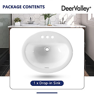 Bathroom Vessel Sink, DeerValley, 20”x17” Oval Ceramic Drop-in Sink for Bathroom White Vessel Sink Modern Art Basin Bathroom Sink with Overflow and Three Faucet Holes at 1.25”, DV-1DS0120
