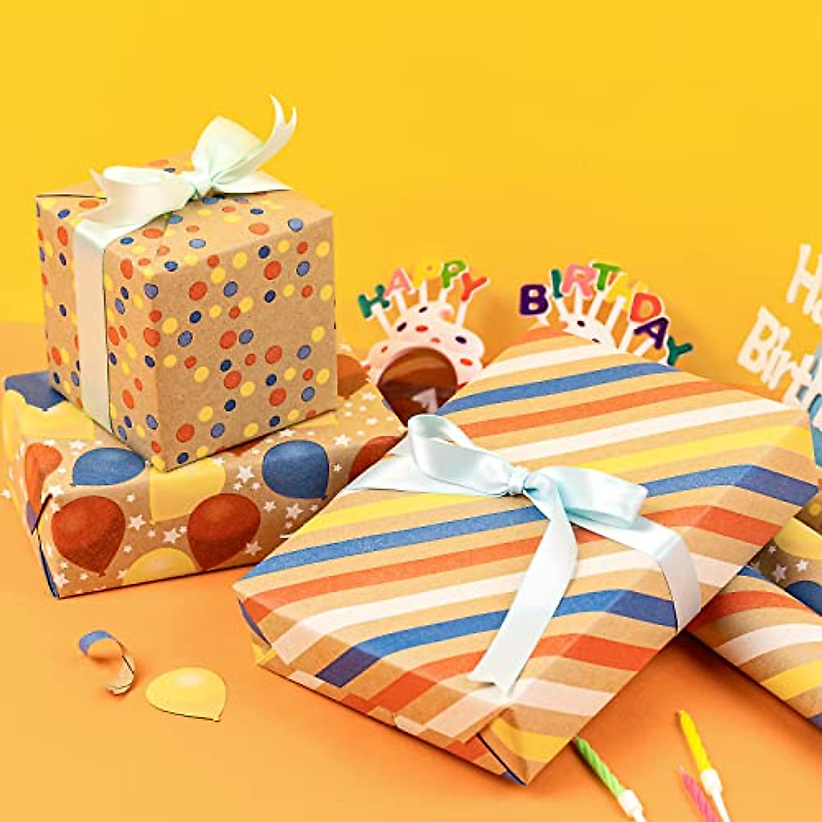 LeZakaa Birthday Kraft Wrapping Paper Roll - Mini Roll - Balloon, Dot and Stripe Design - 17 x 120 inches, 3 Rolls (42.5 sq.ft.ttl.)