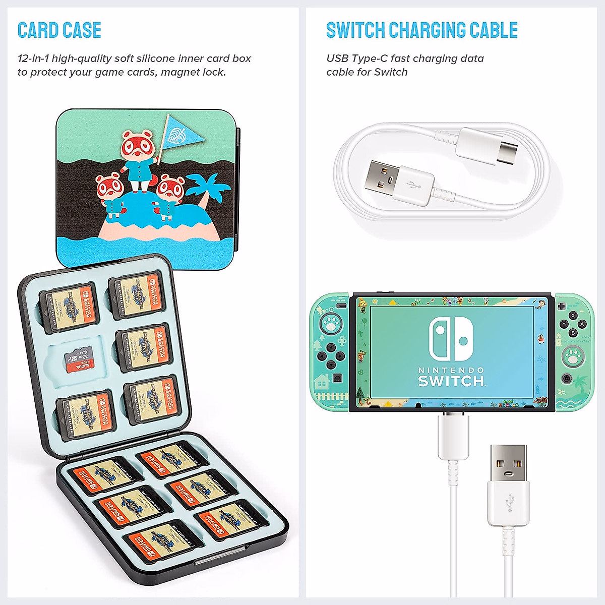 Gefacr GEFACR Case for Switch with Animal Crossing,Switch Accessories Bundle Carry Case & Protective Case Cover,Screen Protector & Thum green