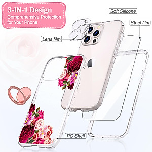 ACKETBOX for iPhone 13 Pro Max Case,with Screen Protector & Camera Lens Protector+Ring Bracket,Floral Phone Cover Designed for iPhone 13 Pro Max(Big Red Flower 01)