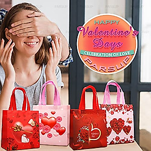 4PCS Happy Valentines Day Reusable Gift Bags, Treat Bags with Handles, Valentines Day Party Bags, Multifunctional Non-Woven Valentines Bags for Gifts Wrapping, Valentines Party Supplies, 8.7×9.2×4.3inch