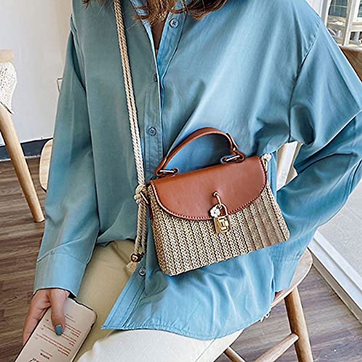 Meyaus Women Mini Lock Decoration Straw Woven Cross-body Shoulder Bag PU Leather Flap Top-handle Bag Handbag