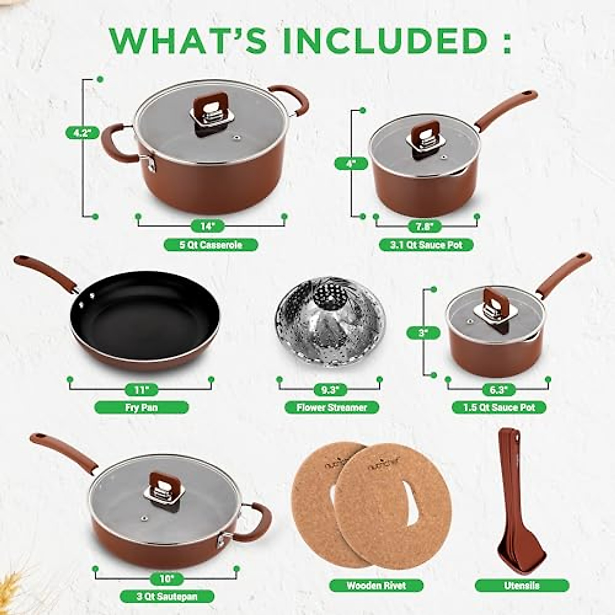 NutriChef Space Saver 17-Piece Nonstick Cookware Set - Brown Pots and Pans with Stackable Design, Foldable Handles, Induction Ready