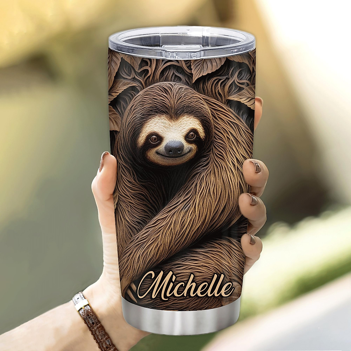 Hyturtle Personalized Gifts For Sloth Lover - Sloth Printed 2D Custom Name Stainless Steel Tumbler 20oz With Lid - Idea Animal Lover Gifts For Women Girl On Birthday, Christmas