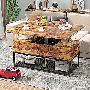 KCRET 43" Lift Top Coffee Table, 3 in 1 Multi-Function Coffee Table Modern Coffee Lift Table Dining Table with 2 Storage Drawers and Hidden Compartment for Living Room Reception Room (Rustic Brown)