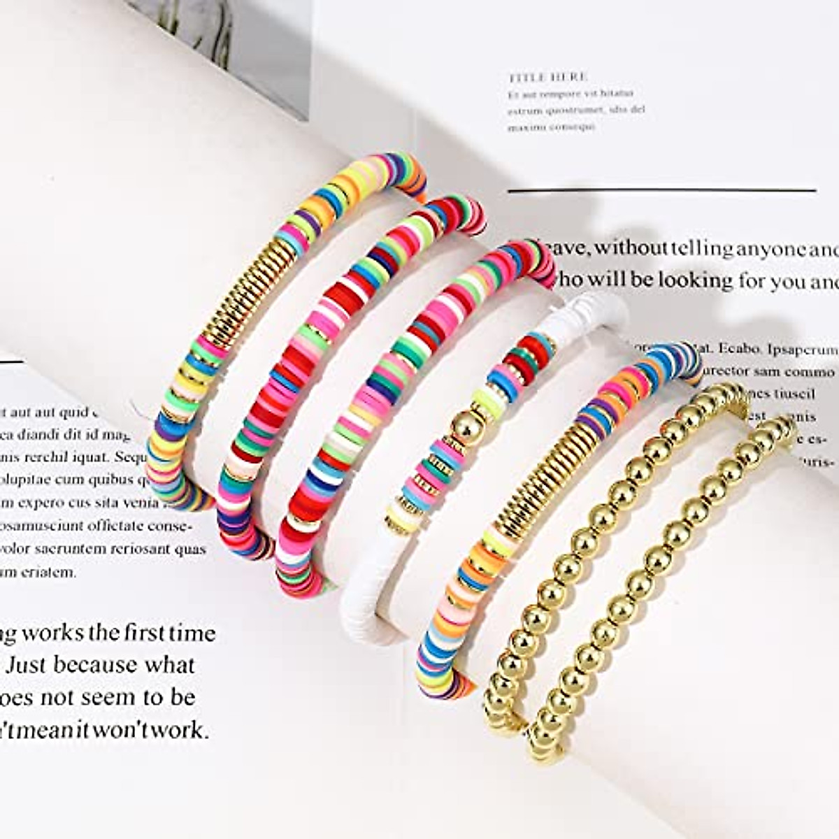 DIMISHIN Heishi Bracelet for Women Clay Bead Bracelet Stackable Beaded Stretch Bracelet Elastic Layered Colorful Beaded Bracelet Set (Colorful 7pc)