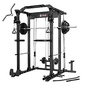 MAJOR LUTIE Fitness Power Cage with 245LBS Cast Iron Weight Plates and Olympic Barbell, PLM03 All-in-One Multi-Function Power Rack with Adjustable Cable Crossover System and Exercise Attachment Black