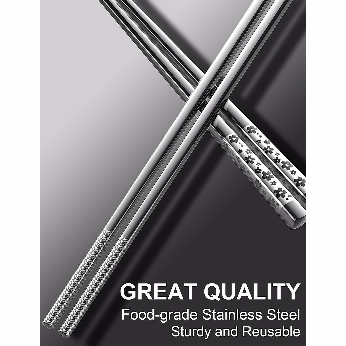 FOFAYU 5 Pairs Metal Chopsticks Reusable 18/8 stainless steel Chopsticks Japanese Style Dishwasher Safe Lightweight Non-Slip Chop Sticks 9 1/4 Inches Present Set