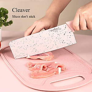 Knife Set of 7, Professional Stainless Steel Japanese Kitchen Knife Set with Cutting Board and Acrylic Stand, Non-Stick Coating Cooking Knife with Gift Box for Women Gifts (Pink)