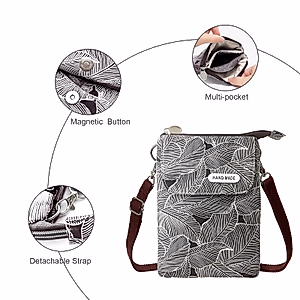 WITERY Small Canvas Cell Phone Purse Wallet- Handmade Cute Leaf Pattern Cross Body Phone Pouch with Shoulder Strap for Women Teen Girls