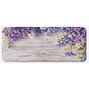 Ambesonne Rustic Kitchen Mat, Lilac Flowers Bouquet on Wood Table Spring Nature Romance Love Theme, Plush Decorative Kitchen Mat with Non Slip Backing, 47" X 19", Lilac Violet