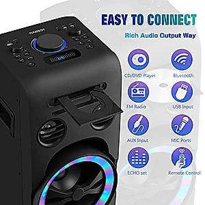 Home Stereo System CD/DVD Player, Bluetooth Party Speaker with Karaoke MIC Ports x 2, Floorstanding Soundsystem with LED Lightshow, Bass/Echo Adjustable
