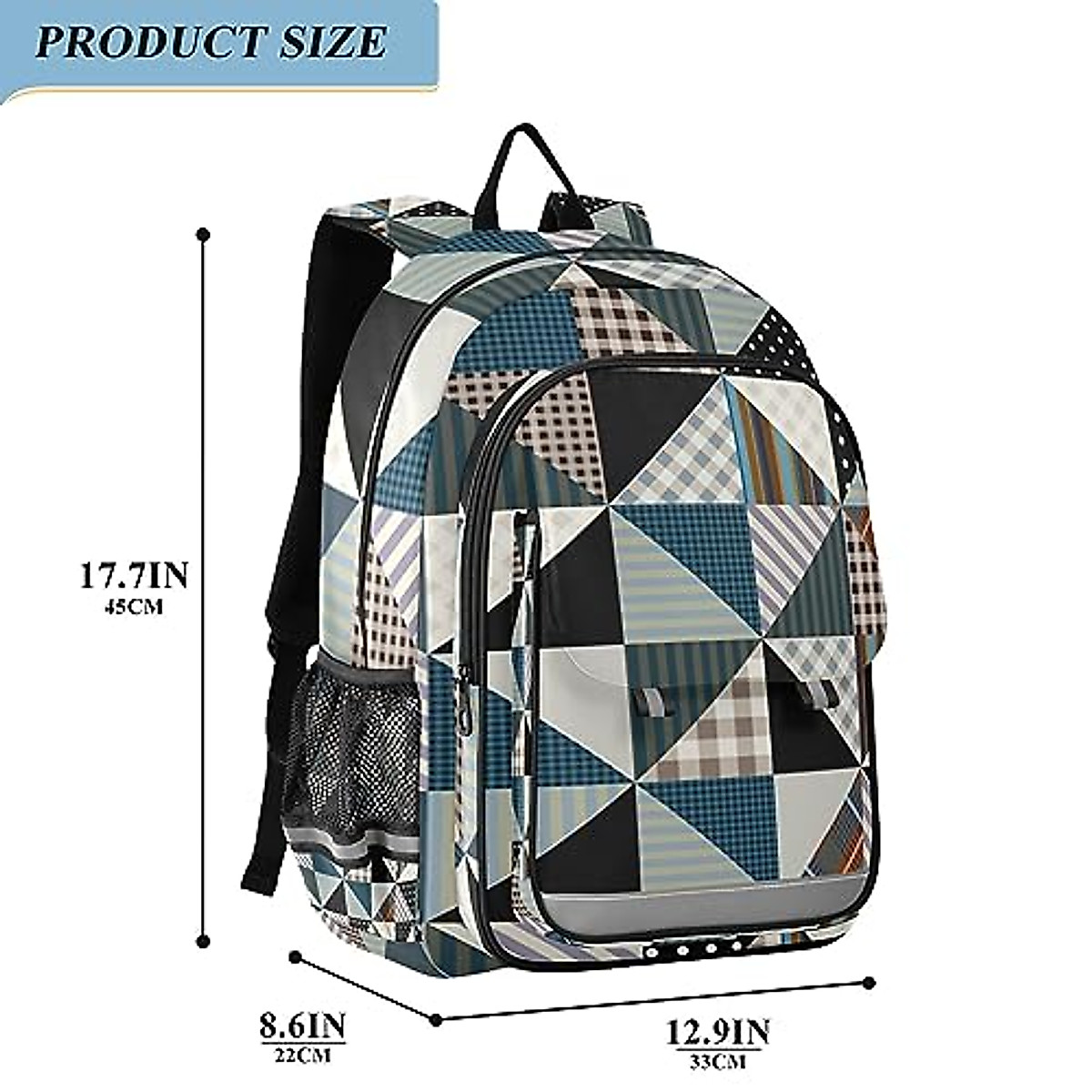 ODAWA Patchwork Geometric Pattern Kids School Backpack with Reflective Strips Laptop Bookbag for Women Travel Daypack