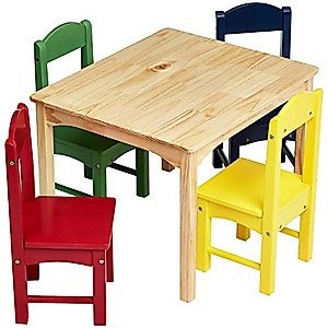 Amazon Basics Kids Wood Table and 4 Chair Set, Natural Table, Assorted Color