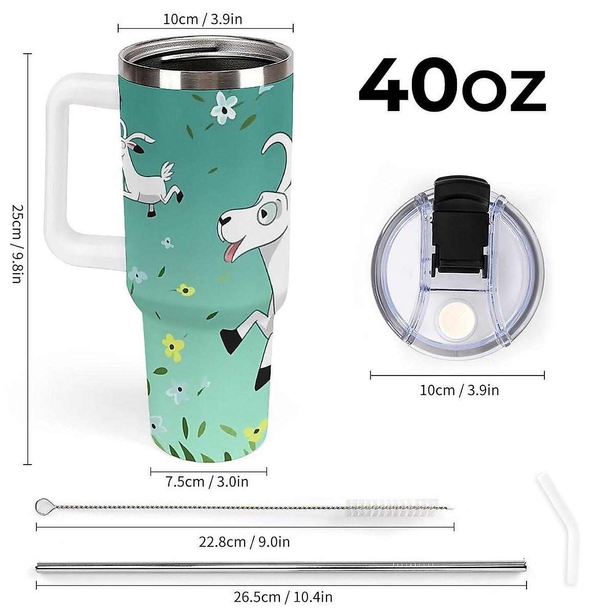 DWVSFJM Goat Frolic Insulated Tumbler 40 Oz Stainless Steel Double Wall Vacuum Travel Mug Large Capacity Car Cup Reusable Coffee Cup with Handle And Straw Lid Gifts White