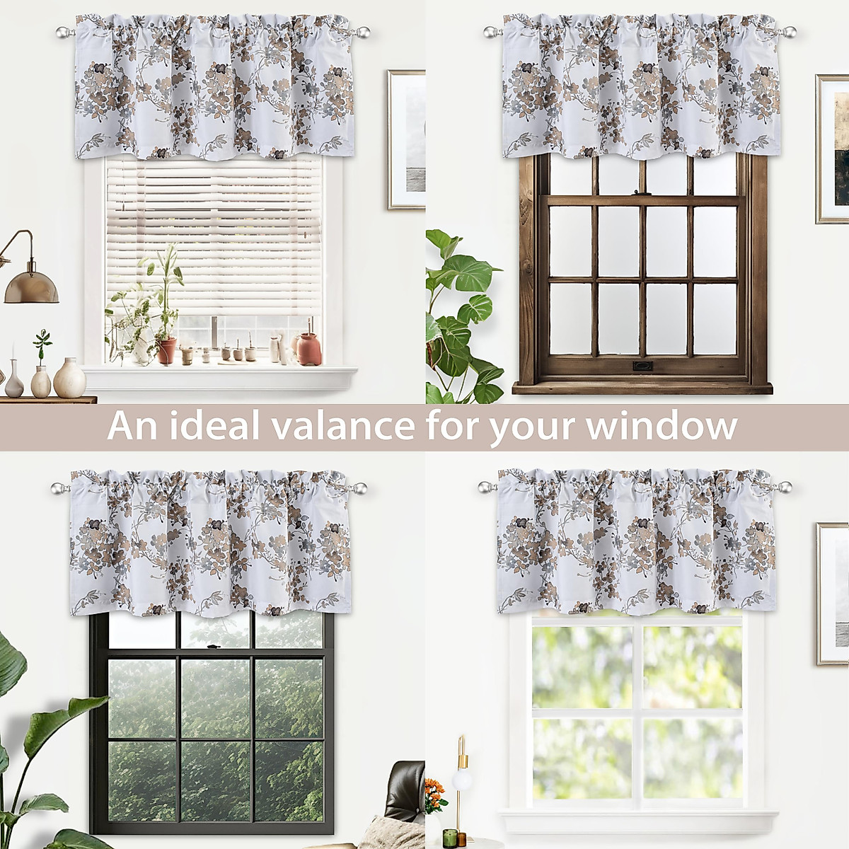 DriftAway Watercolor Floral Botanical Lined Thermal Insulated Window Curtain Valance Rod Pocket 52 Inch by 18 Inch Plus 2 Inch Header White Beige 2 Pack