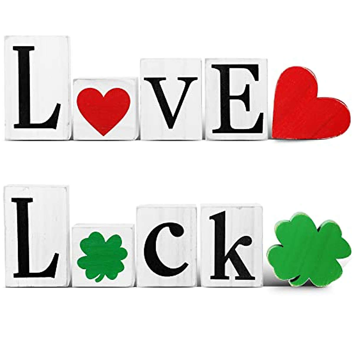 Glenmal 6 Pieces St. Patrick's Day Table Clover Signs Set Farmhouse St. Patrick's Day Wood Sign Double Side Four Leaf Clover Heart Block Wooden Luck Tiered Tray Decor for Kitchen Mantle Office Decor