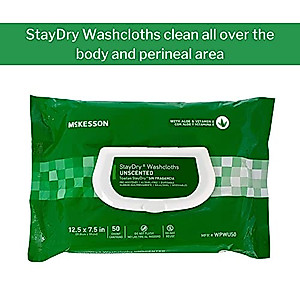 McKesson StayDry Washcloths, Disposable - for All-Over Body Use, Pre-Moistened with Aloe and Vitamin E - Unscented, 7 1/2 in x 12 1/2 in, 50 Wipes, 12 Packs, 600 Total