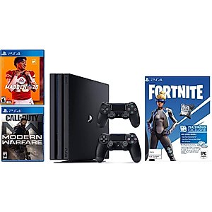 2019 Playstation 4 PS4 Pro 1TB Console + Two Dualshock-4 Wireless Controllers + (Call of Duty: Modern Warfare, Madden NFL 20, Fortnite) Bundle