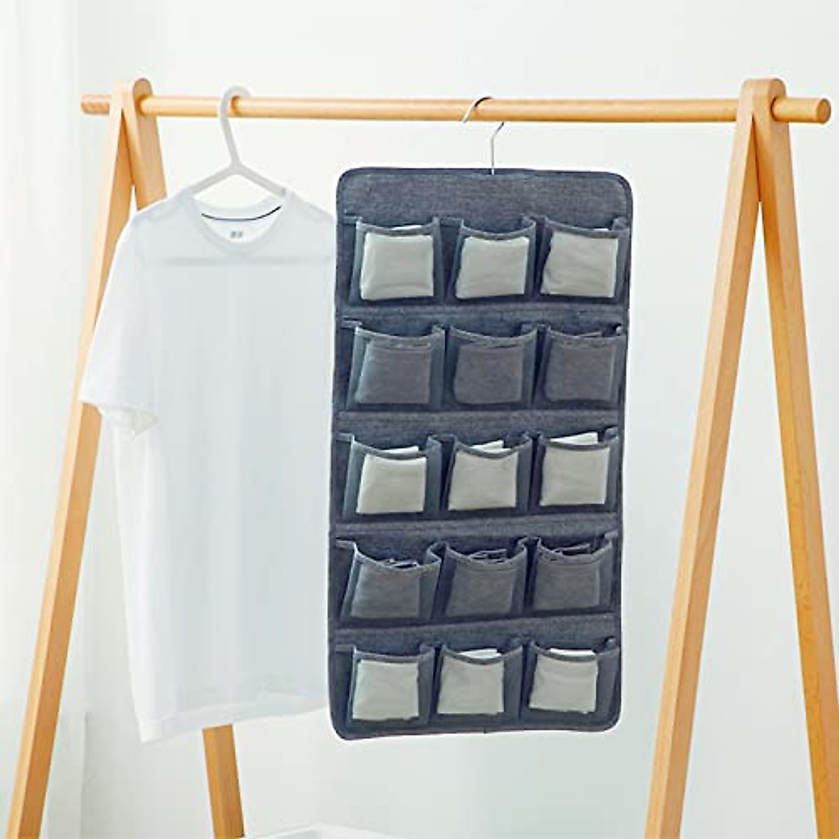 Dual Sided Hanging Underwear Sock Bra Stocking Organizer with 5+15 Mesh Pockets, 3D Pockets Design Durable Space Saver Bag Wall Shelf Wardrobe Storage Bags Holders (Grey)