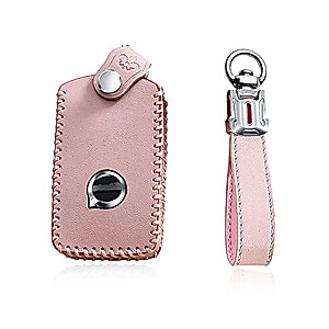 SANRILY Cowhide Leather Key Fob Cover for Volvo XC90 2017 2018 2019 XC60 S90 V90 Key Fob Keyless Full Protection Smart Key Case with Keychain Pink