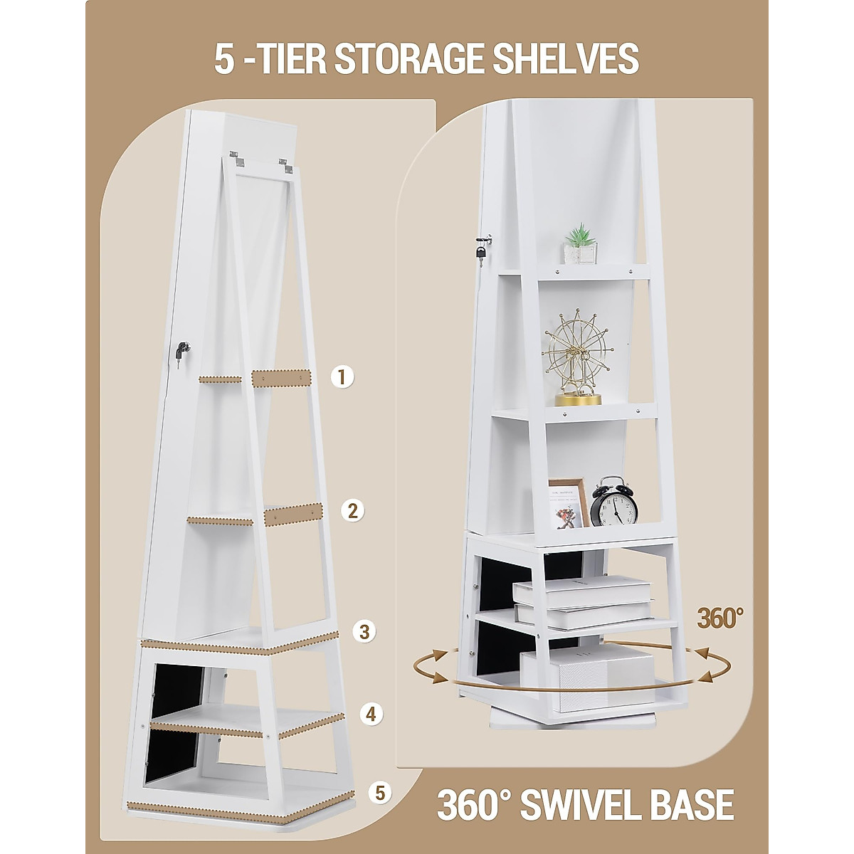 Hzuaneri 16 LEDs Jewelry Cabinet Armoire, 63" H Standing Jewelry Organizer with 360° Rotating Base, Lockable Full-length Mirror, 4-tier Storage Shelves, 4-in-1 design, White JC16003B