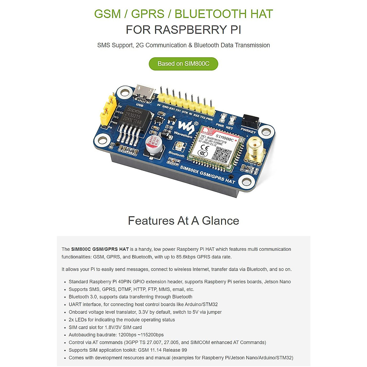Waveshare GSM/GPRS HAT for Raspberry Pi 2B/3B/3B+/Zero/Zero W/Jetson Nano Based on SIM800C Support SMS Data Transfer ect