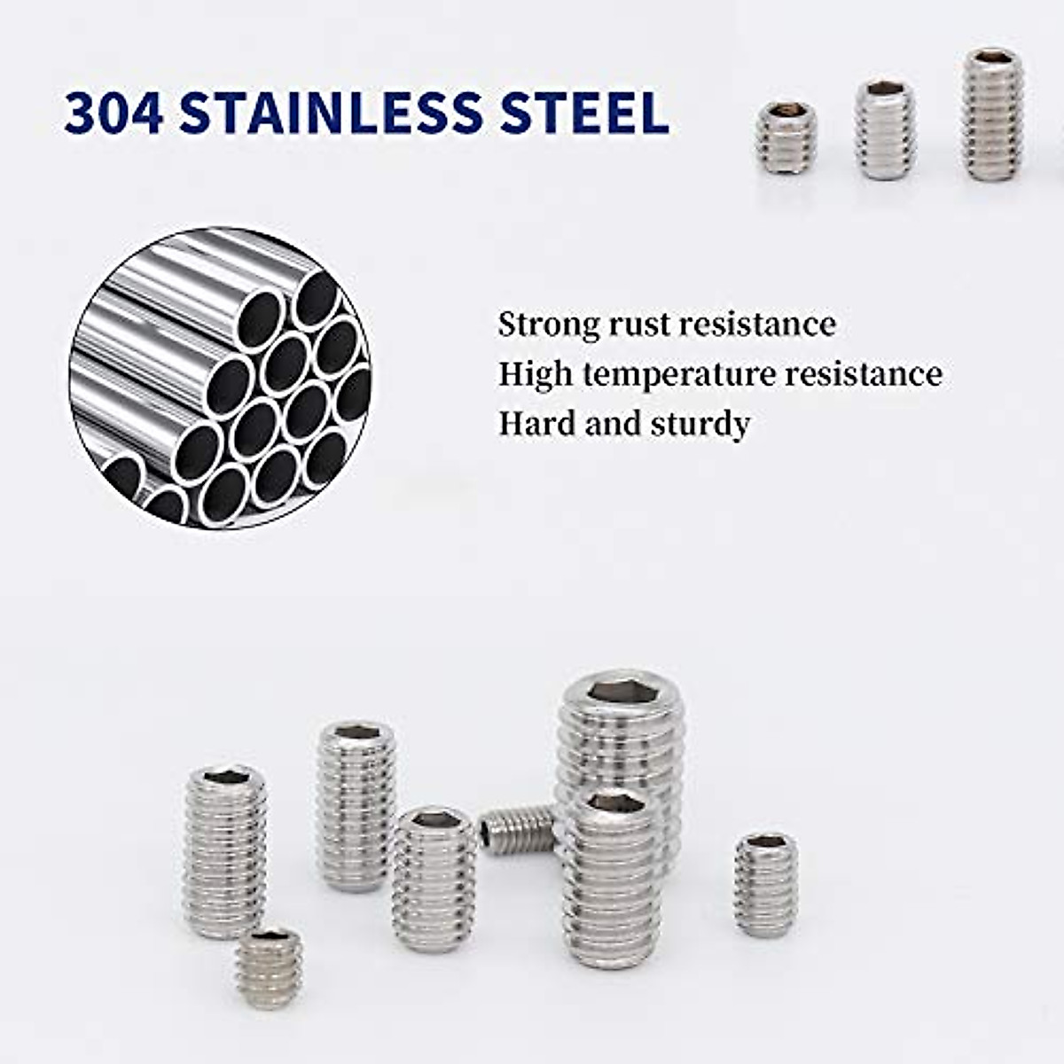 HEMEI 390Pcs M3/M4/M5/M6/M8 Hex Allen Head Socket Set Screw Assortment Kit Internal Hex Drive Flat Point 304 Stainless Steel Metric Grub Screw with 5pcs Hex Wrenches
