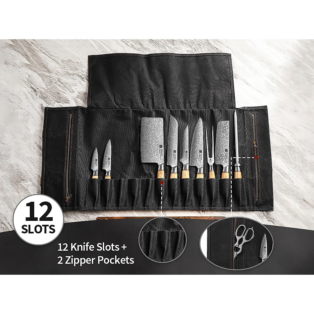 XINZUO Chef Knife Roll Bag Professional,16oz Waxed Canvas and Crazy Horse Leather,12 Slots Plus 2 Zipper Pockets,Adjustable Shoulder Strap-Travel Tool Roll Pouch(Bag Only)