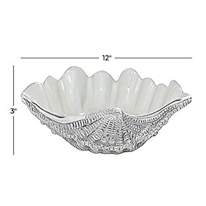Deco 79 Aluminum Sea Life Shell Serving Bowl with Enamel Interior, 12" x 9" x 3", White