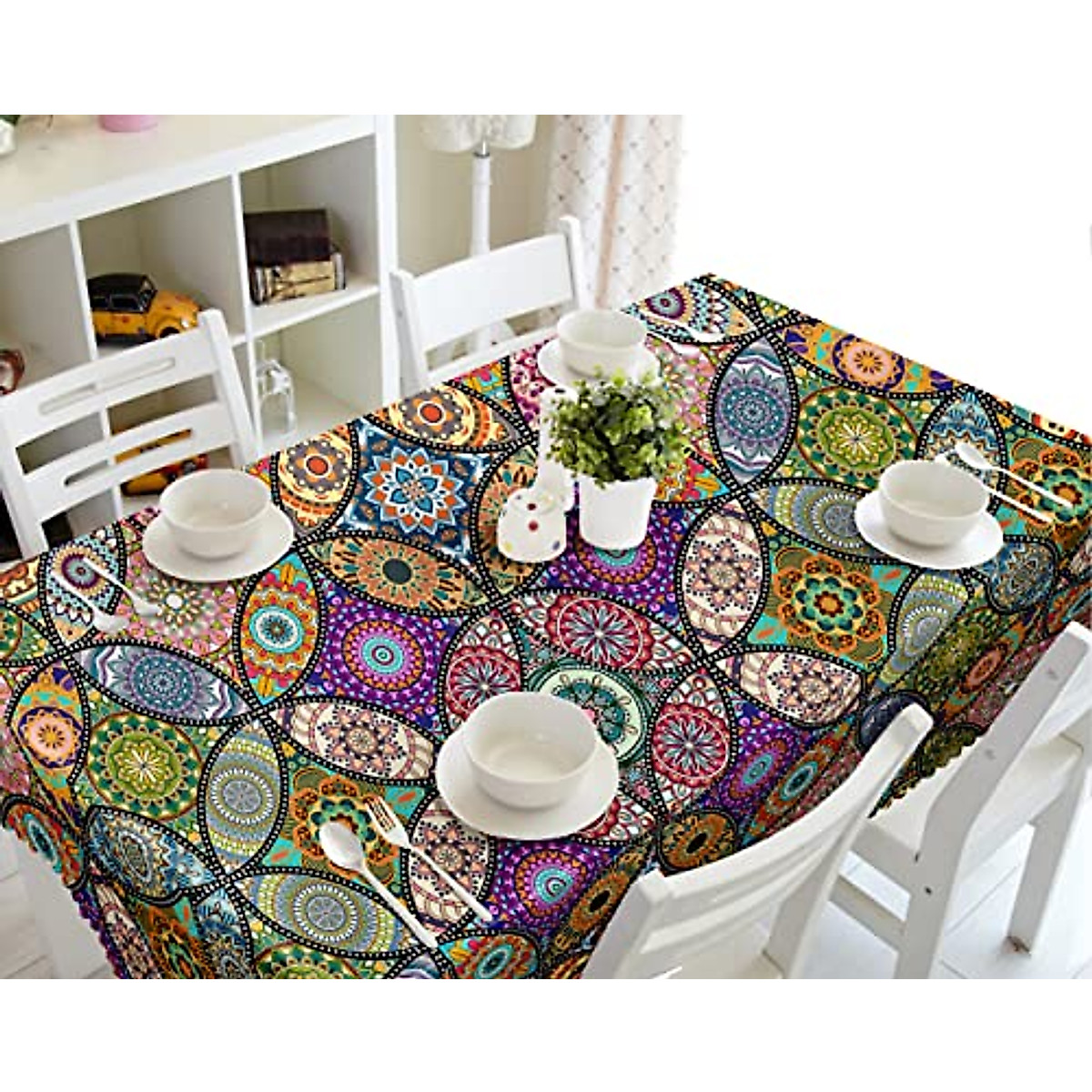 Rectangle Table Cloth, Boho Rectangle Tablecloth, Stain Resistance Water Repellent and Wrinkle-Free, Bohemian Table Cover Decor for Home Kitchen Dining Party Patio Indoor and Outdoor Use, 60'' x 84''