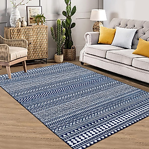 Fashionwu Boho Rug Large Washable Rug Area Rug 8 x 10 with Non Slip Backing for Dining Room, Bedroom, Navy Blue Rug Low-Pile Rug Non-Shedding Rugs for Living Room Home Office Area Rug, Blue and White