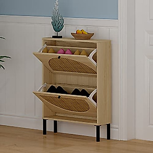 SSLine Shoe Cabinet with Flip Down Storage Shelves Free-Standing Shoe Rack Rustic Wood Shoe Storage Organizer with Unique Rattan Decor for Entryway Hallway Doorway