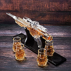 Blaster Force Gun Whiskey & Wine Decanter Set Glasses - Energized Particle Weaponry Elegant Decanter 24" - 4 Trooper Shot Glasses & Mahogany Wooden Base The Wine Savant (20 OZ) Gifts for Dad