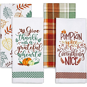 Whaline Fall Kitchen Towel Autumn Leaves Green Brown Plaids Dish Towel Retro Thanksgiving Fall Harvest Tea Towel Hand Drying Cloth Towel for Autumn Holiday Kitchen Cooking Baking, 4 Pack, 28 x 18 Inch