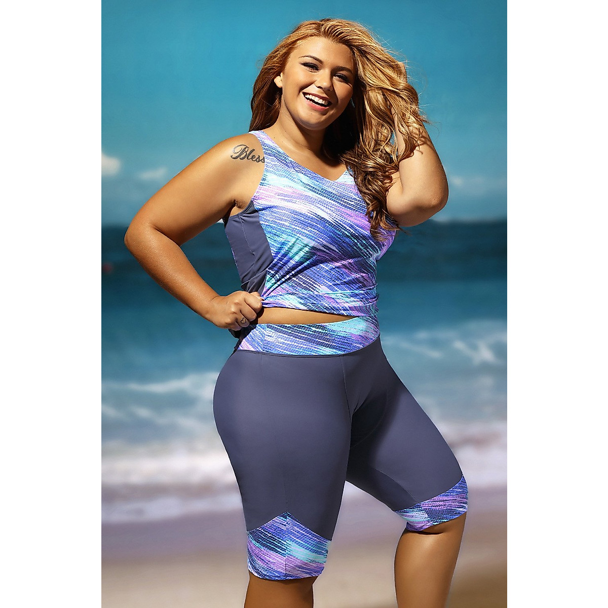 JooMeryer Women's Zigzag Print Plus Size Two Piece Tankini Swimsuits Swimwear,Blue & Grey,L