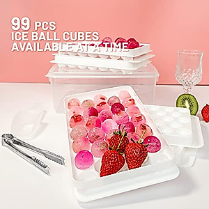 Ice Cube Tray, Round Ice Cube Trays for Freezer, Circle Ice Ball Maker Mold Making 1.2in X 99PCS Sphere Ice Chilling Cocktail Whiskey Coffee, 3 Pack Ice Trays with Lid & Bin & Ice tong & Scoop (White)
