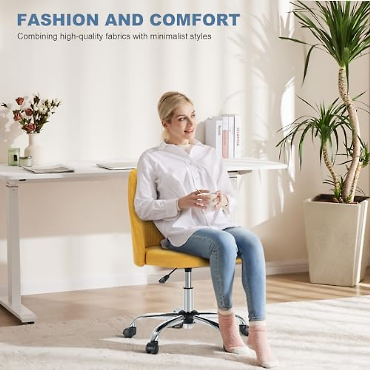 DUMOS Fashion Small Wheels Cute Vanity Swivel Back Mid Century Modern Armless Home Desk Task Chair for Bedrooms, Office, Dressing Room, Study, Yellow