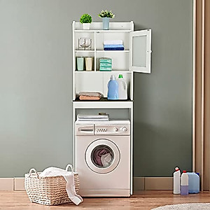 ZenStyle Over The Toilet Storage Cabinet Wood Bathroom Spacesaver Storage Organizer with Adjustable Shelves, Tempered Glass Door and Cubby, Soft White