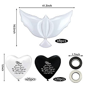 50 PCS Memorial Balloons Set with 40 PCS White and Black Memorial Balloons 8 PCS Peace Dove Balloons Pigeon Bird Balloons Funeral Remembrance Balloons 2 Rolls of Ribbons
